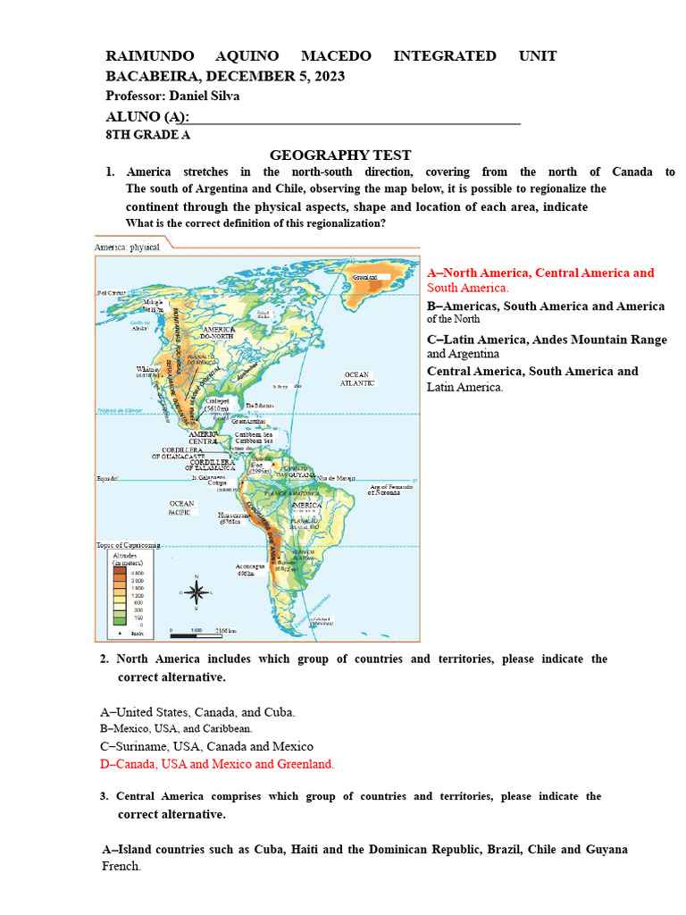 8TH GRADE TEST - ANSWER KEY | PDF | Americas | North America