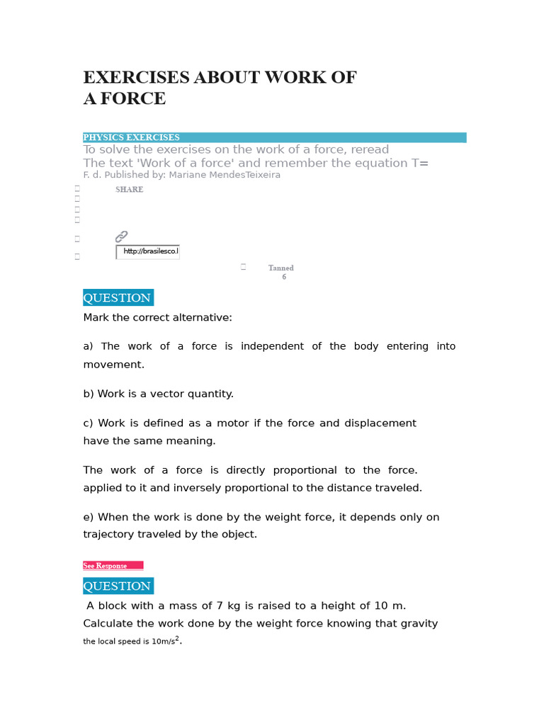 15 Exercises On The Work of A Force | PDF | Force | Mechanics