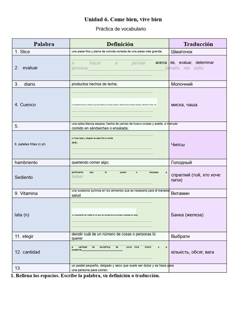 Vocabulario sobre Alimentación Saludable | PDF | Alimentos | Fritura