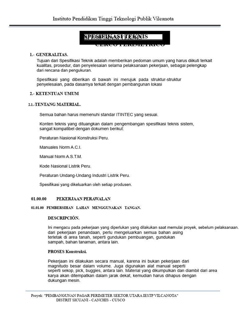 Spesifikasi Teknik Pagar Perimeter IESTP Vilcanota | PDF