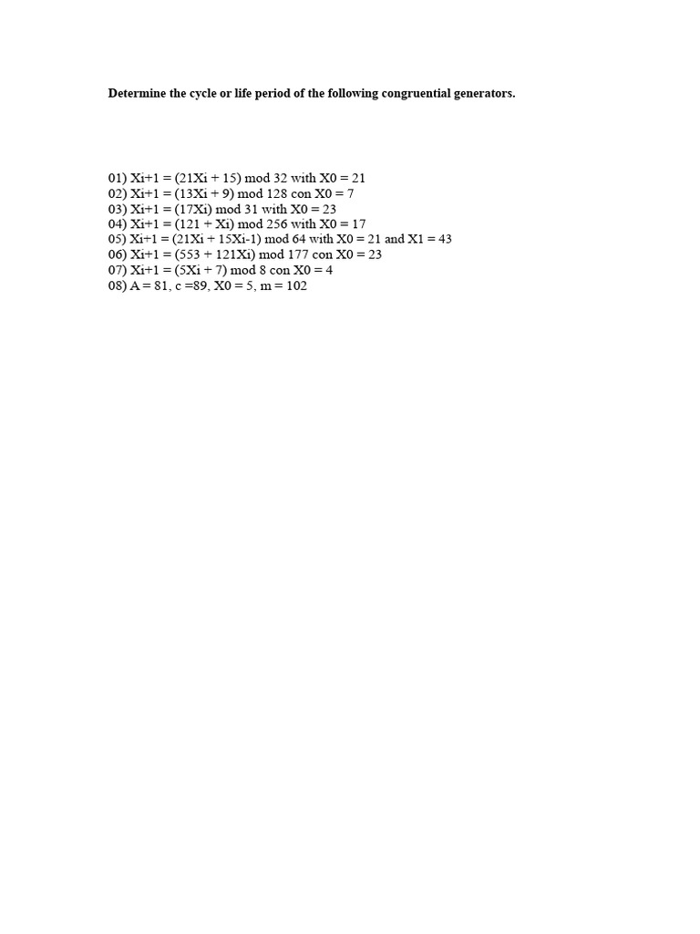 Determine The Cycle or Period of Life of The Following Congruential ...