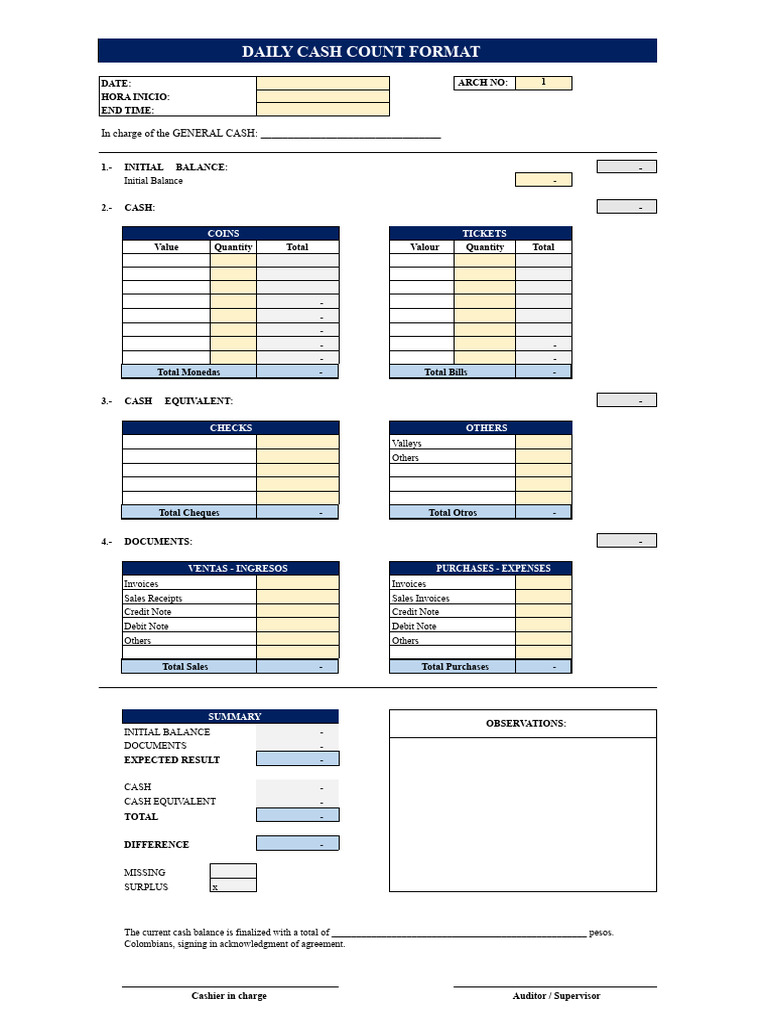 Daily Cash Count Template | PDF | Debits And Credits | Cash