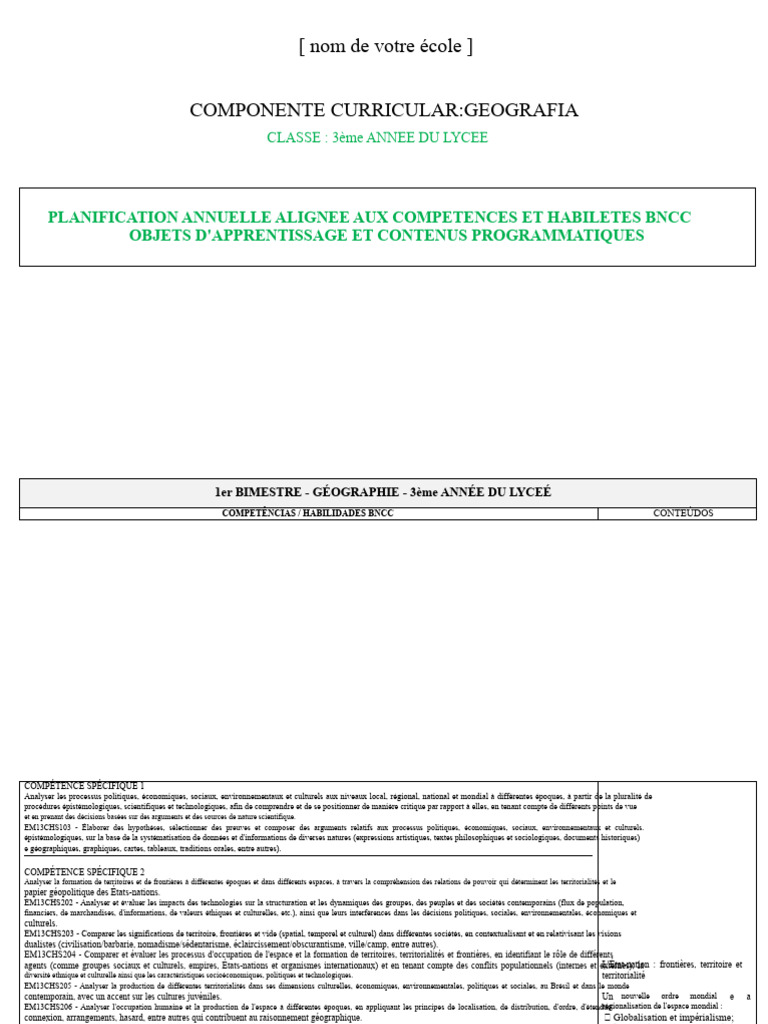 Planification Annuelle de Géographie 3ème Année Enseignement Secondaire ...