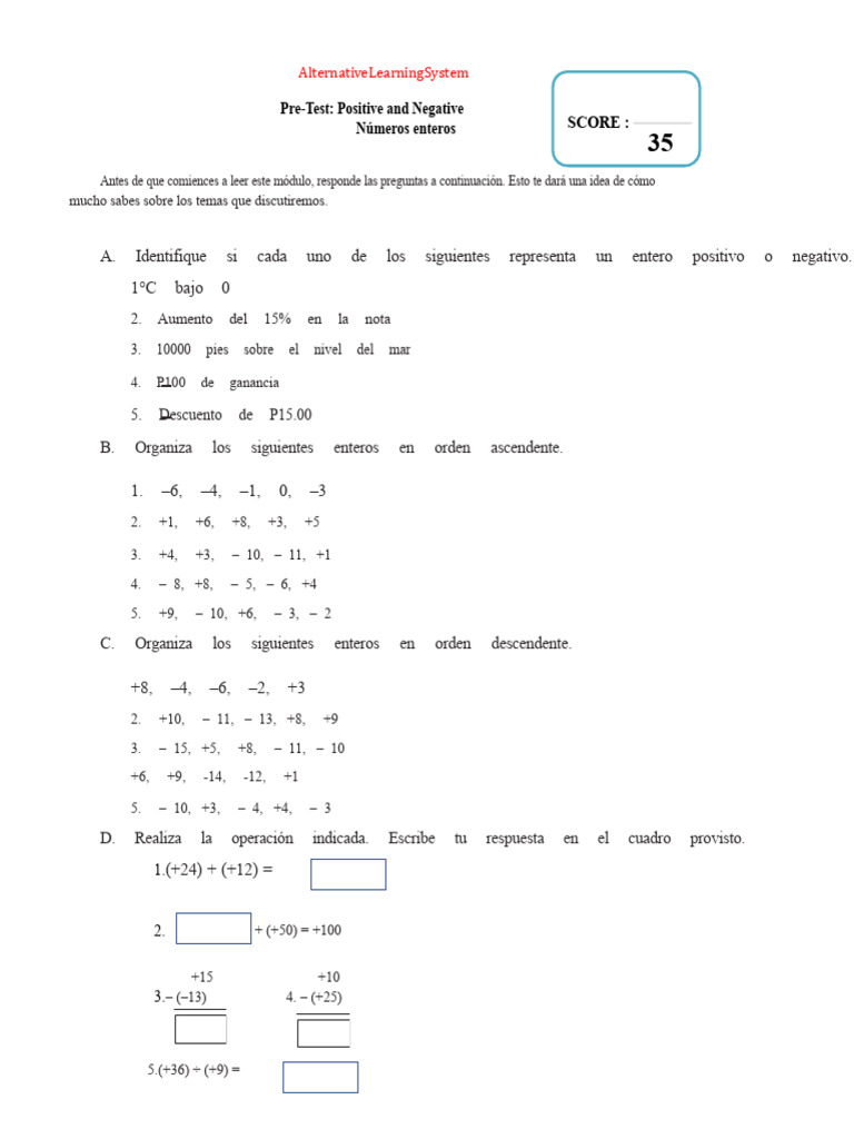 Números Enteros Positivos y Negativos | PDF