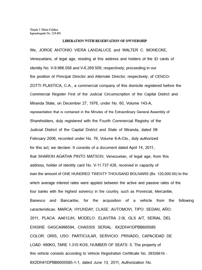 Vehicle Ownership Release Document | PDF