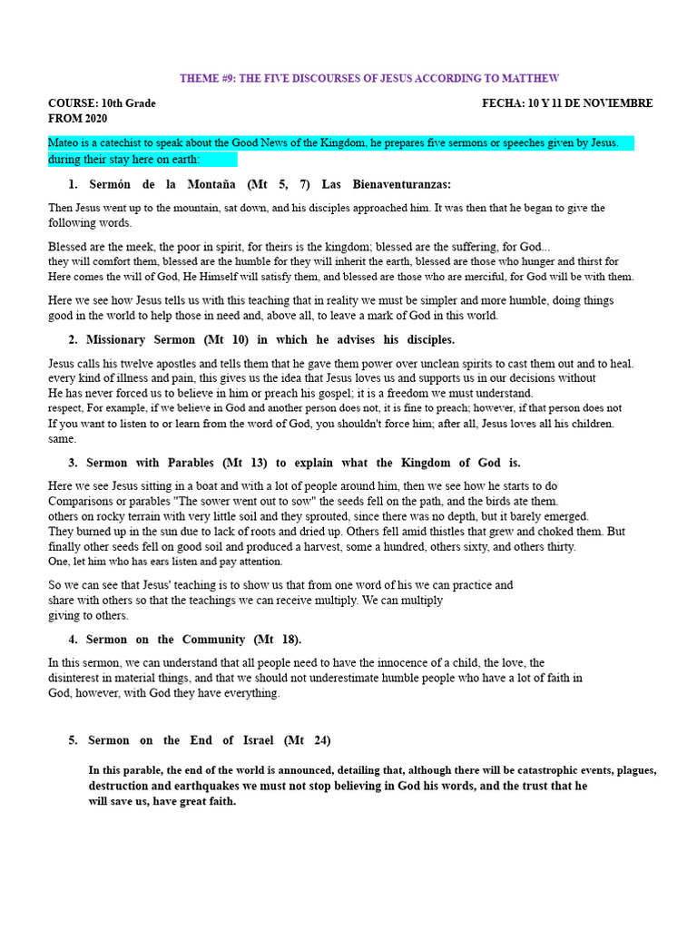 The five discourses of Jesus according to Matthew | PDF | Jesus ...