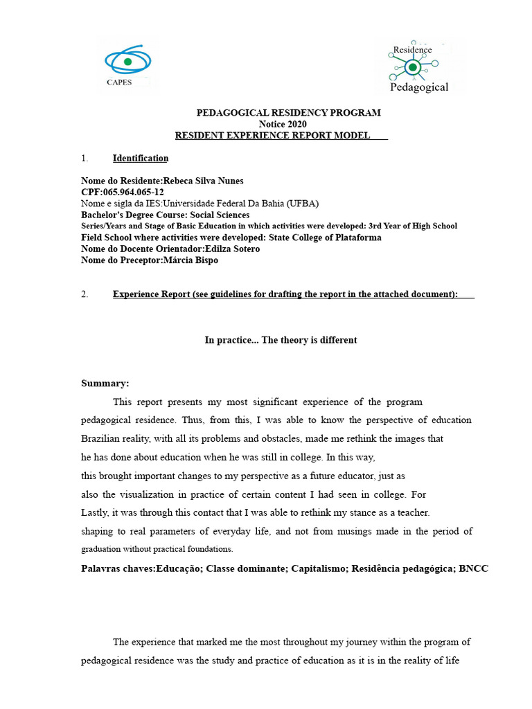 RP 2020 - CAPES Report Model | PDF | Experience | Liberal Arts Education