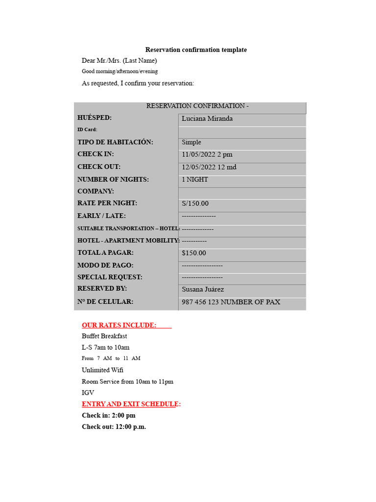 Reservation Confirmation Template | PDF | Payments