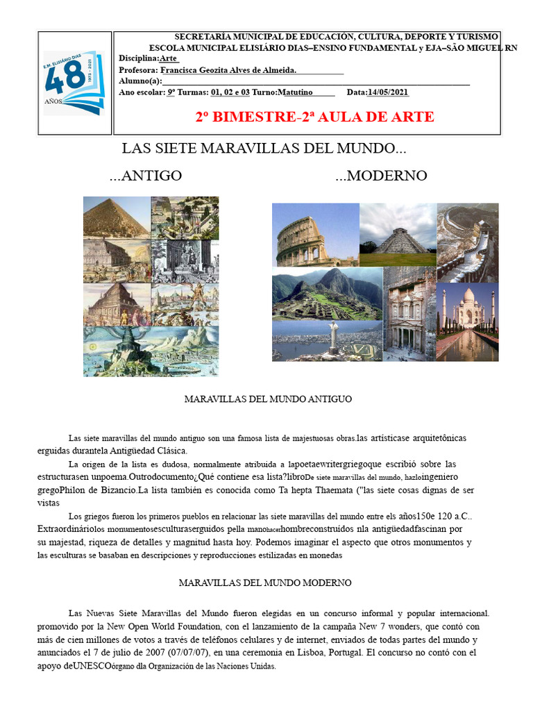 2 Actividad de Arte - 9º Grado - 2º Bimestre - ¡Maravillas Del Mundo ...
