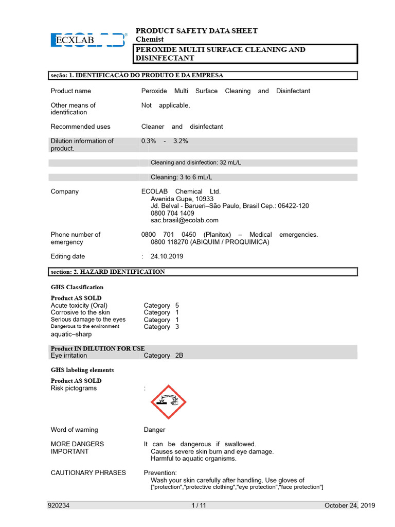 Ecolab - Peroxide Multisurface - SDS | PDF | Toxicity | Personal ...