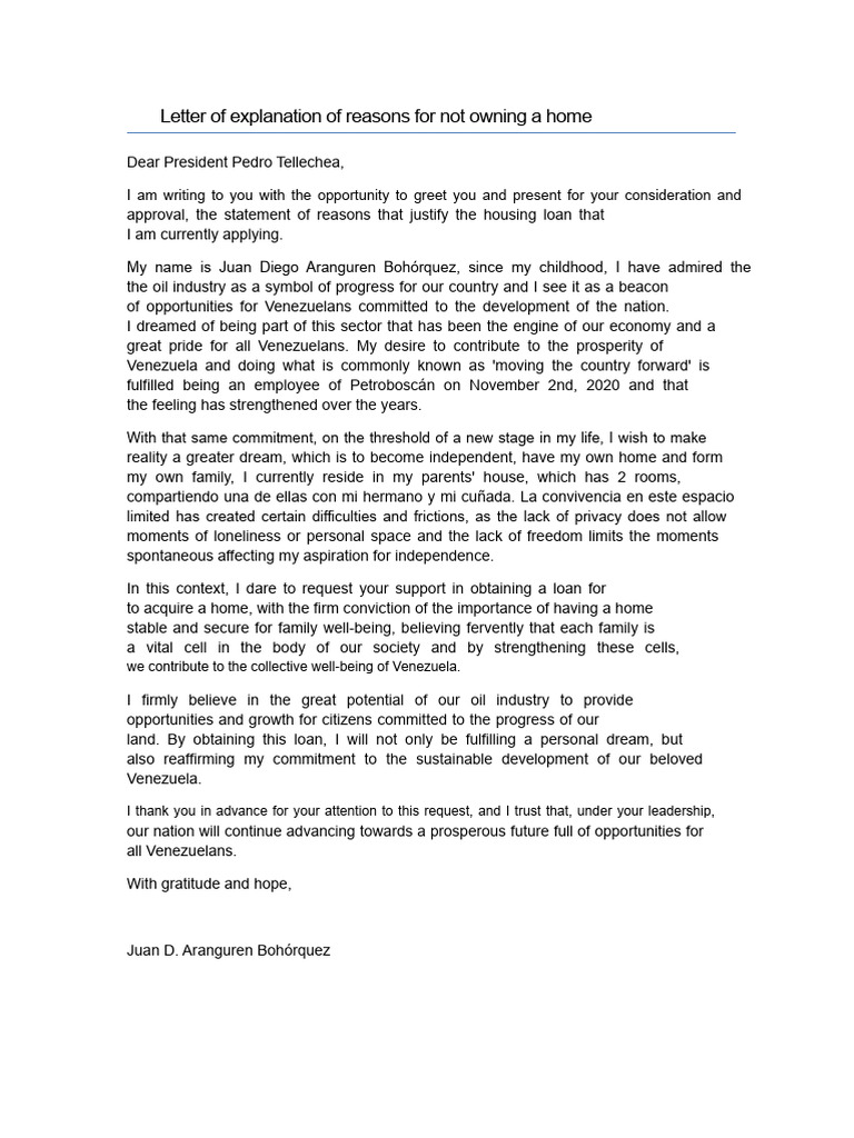 Letter of Explanation For Not Having Own Housing | PDF