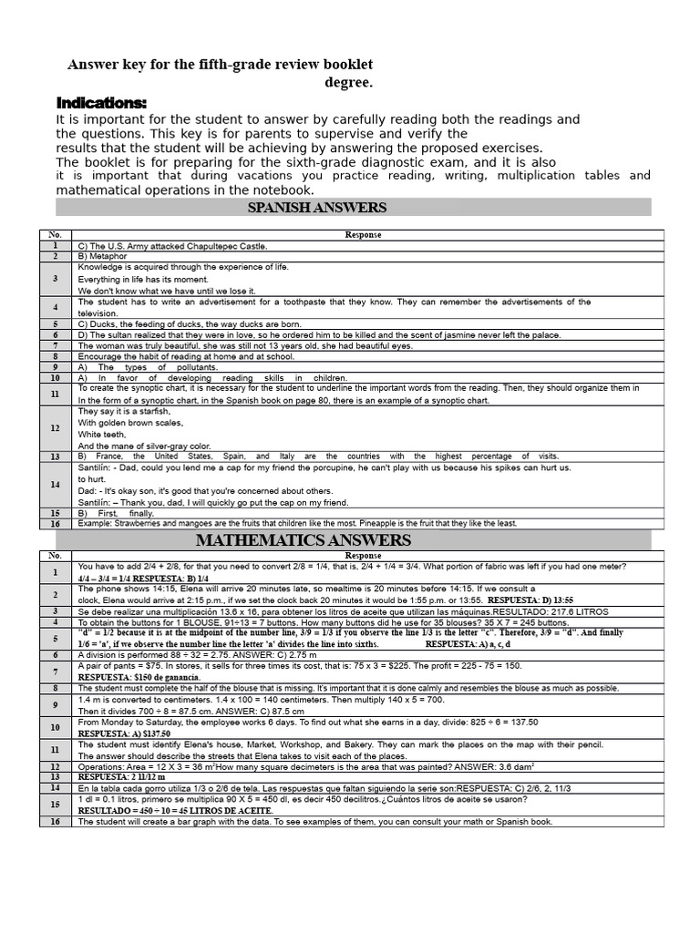 Answer Key for the Fifth Grade Review Workbook | PDF