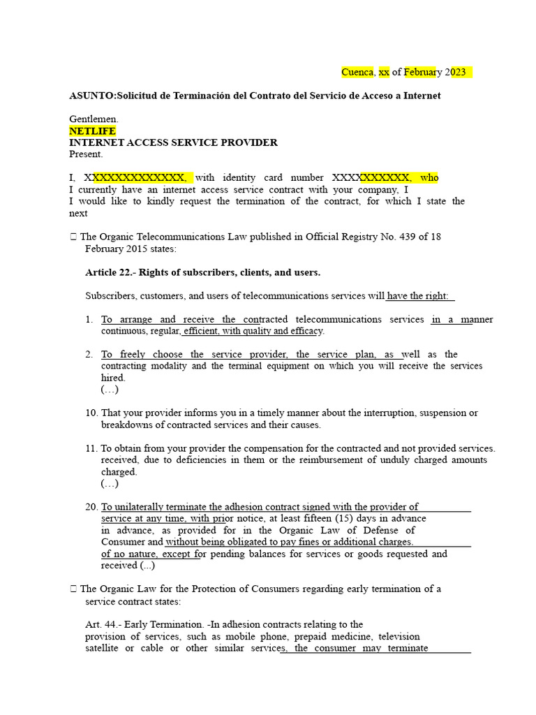 Termination Request for Internet Contract | PDF | Subscription Business ...