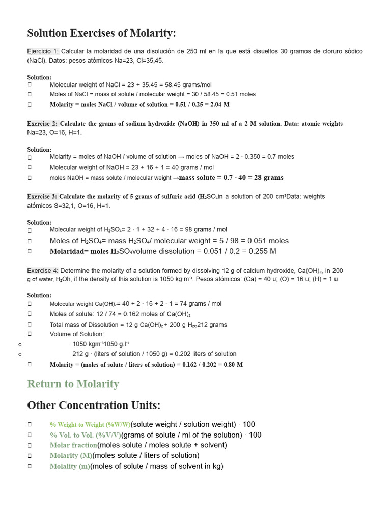 Solution to Molarity Exercises | PDF | Mole (Unit) | Concentration