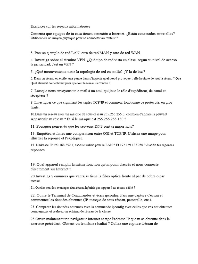 Exercices pratiques sur les réseaux informatiques | PDF | Protocoles ...