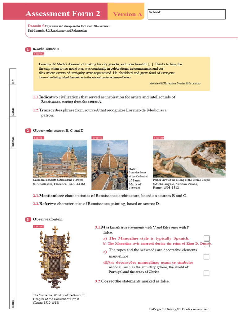 Renaissance and Reformation Assessment Form | PDF | Renaissance | Florence