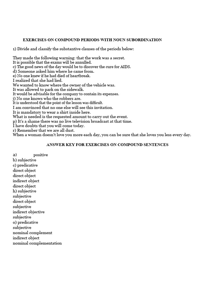 Noun Subordination Exercises and Analysis | PDF | Subject (Grammar ...