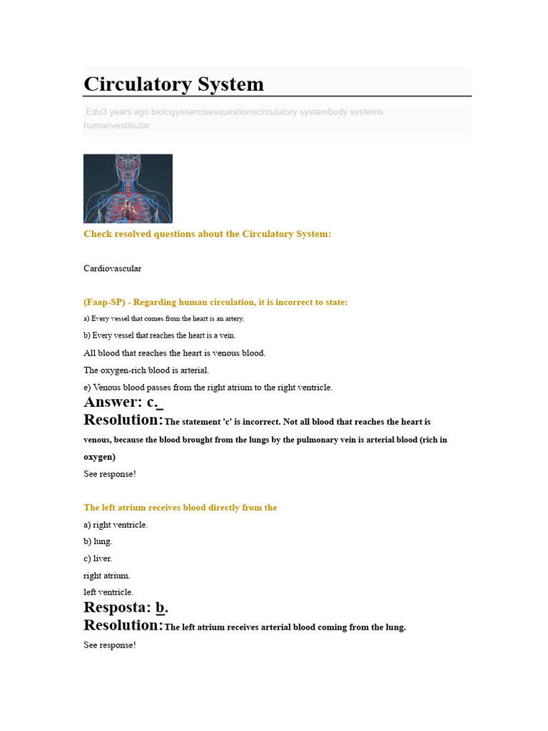 Circulatory System - Exercises With Answer Keys | PDF | Heart ...