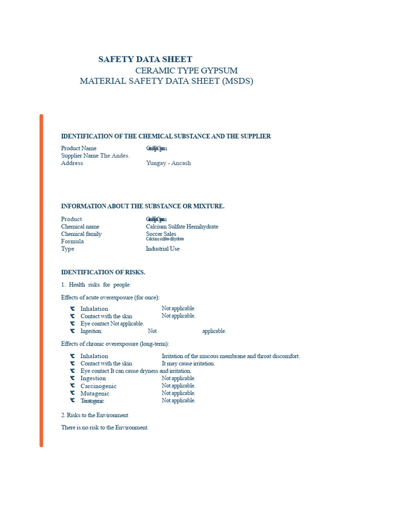 Ceramic Type Gypsum Safety Data Sheet | PDF | Gypsum | Fires