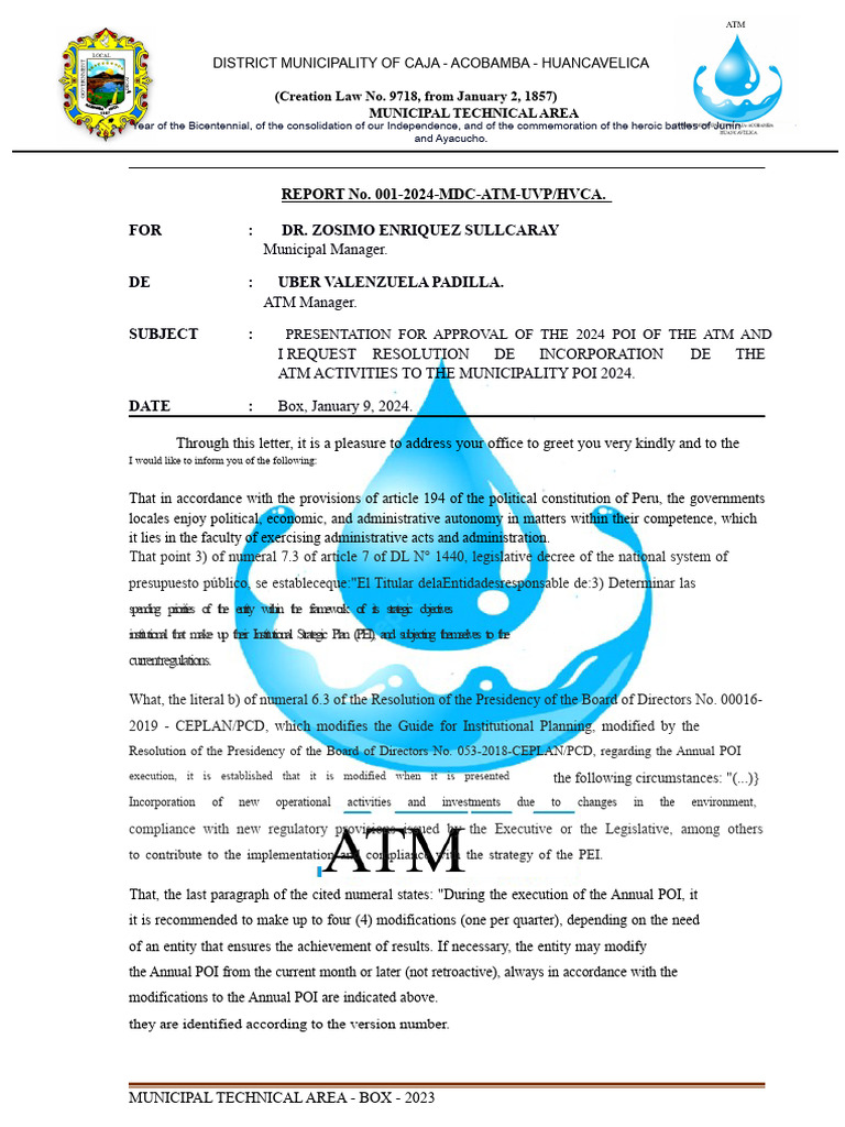 REPORT No. 001 REQUEST FOR Approval of The ATM POI, Incorporation of ...