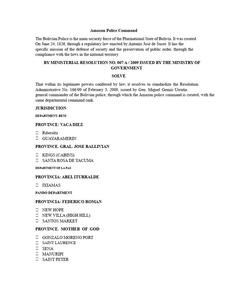 Overview of Amazon Police Command Bolivia | PDF | Police | Bolivia