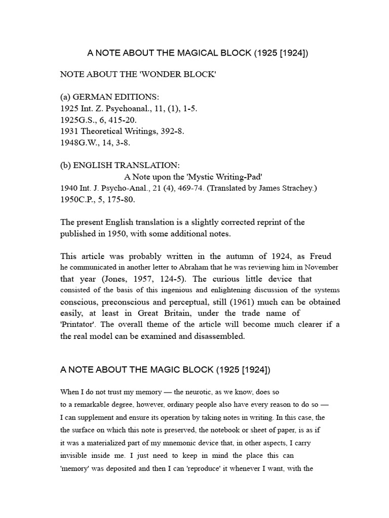Freud's 1925 Note on the Magic Block | PDF | Perception | Memory