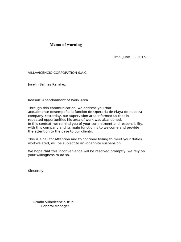 Memorandum of Attention Call for Job Abandonment | PDF