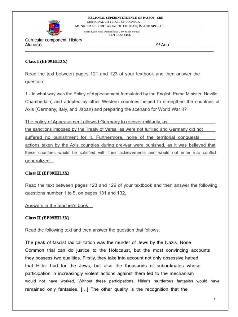 Activity I - 9th Grade (Answer Key) | PDF | Nazi Germany | The Holocaust