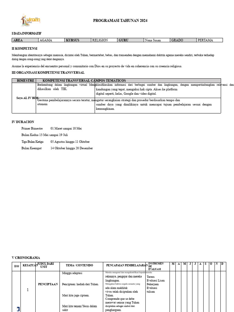 PROGRAM MATA PELAJARAN TAHUNAN AGAMA 2024 | PDF