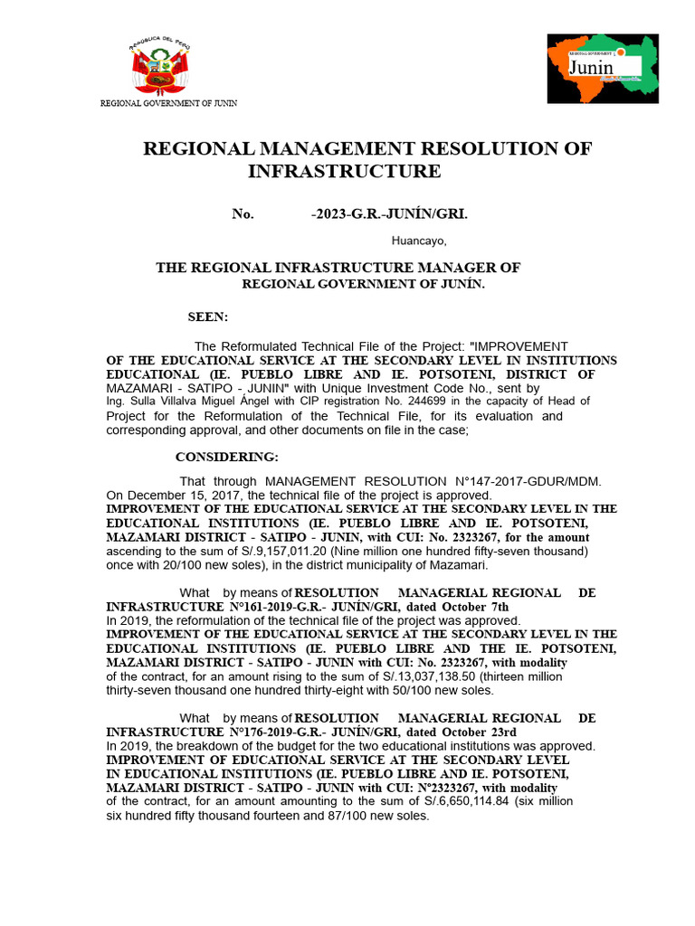 Regional Management Resolution of Infrastructure Pueblo Libre | PDF ...