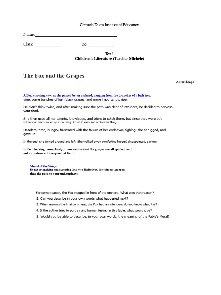 Aesop's Fables - The Fox and the Grapes | PDF