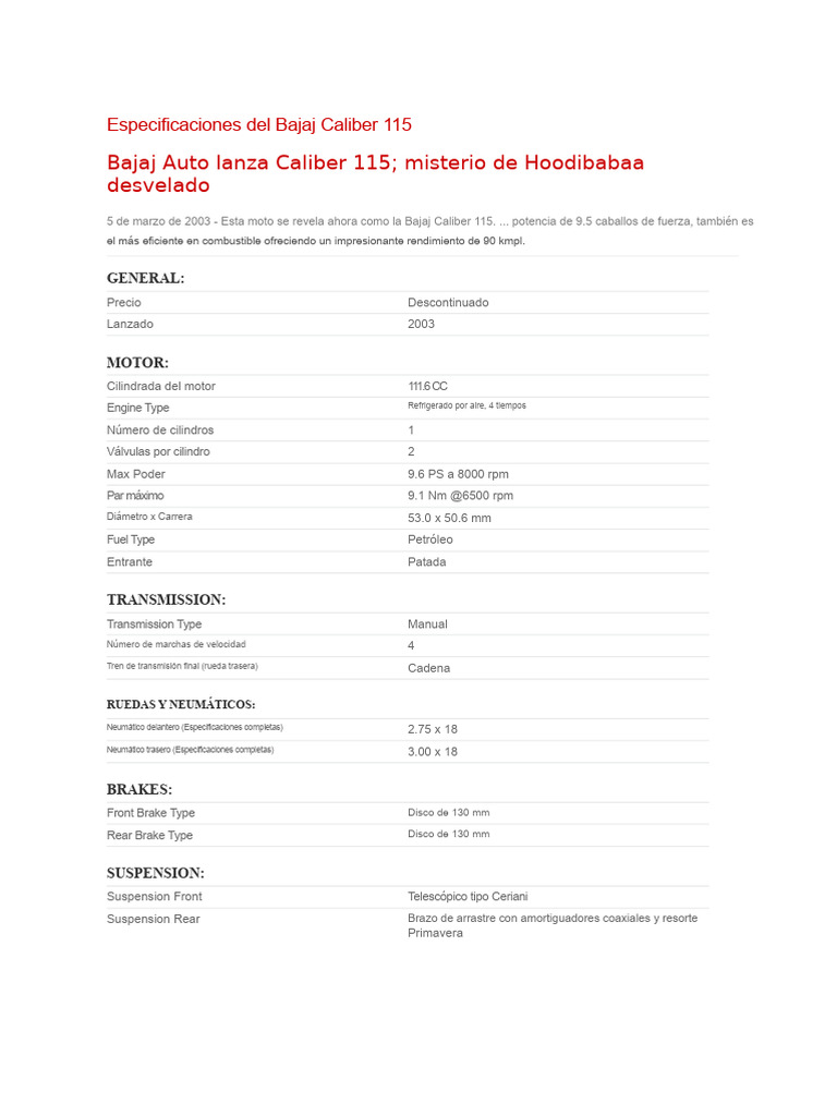 Especificaciones Bajaj Caliber 115 | PDF | Motocicleta | Tecnologías ...