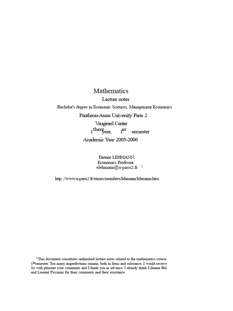 Economic Mathematics 1st Year of A Bachelor's Degree in Economics and ...