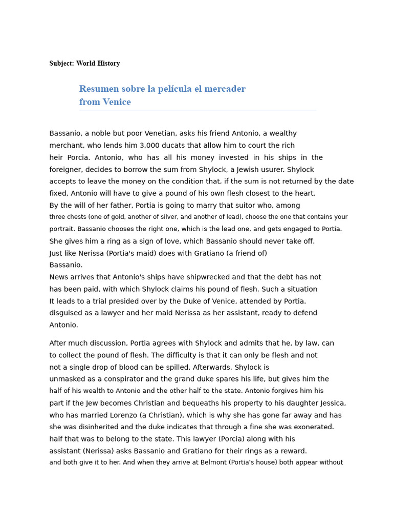 The Merchant of Venice Summary | PDF