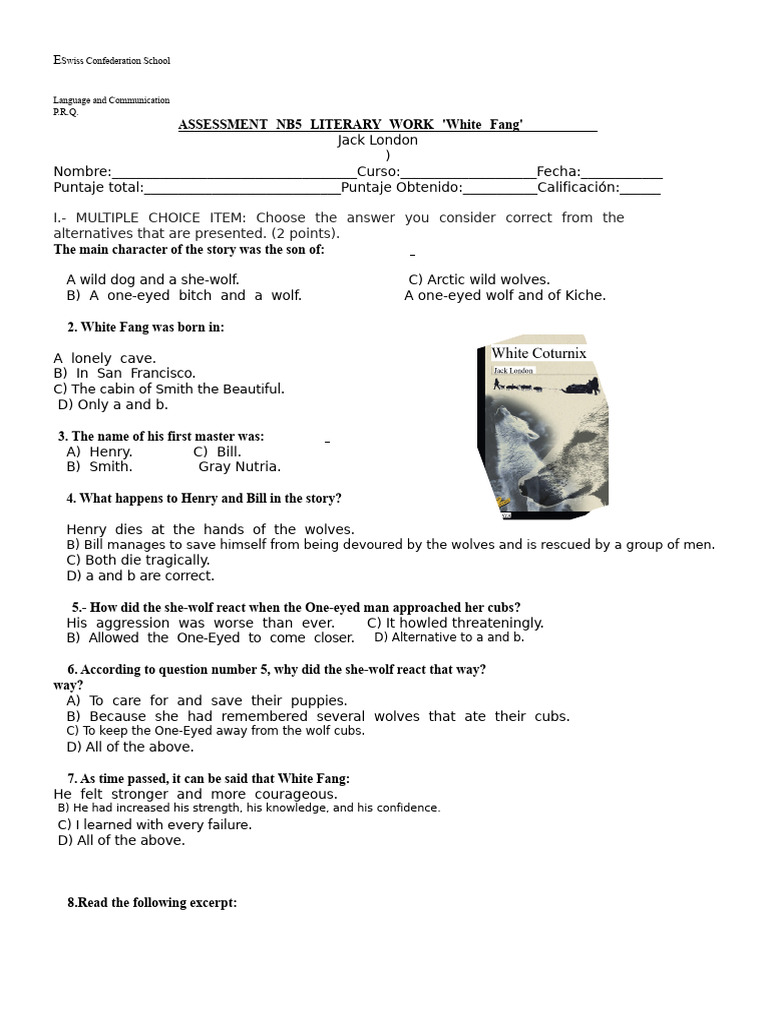 White Fang Assessment Guide | PDF | White Fang