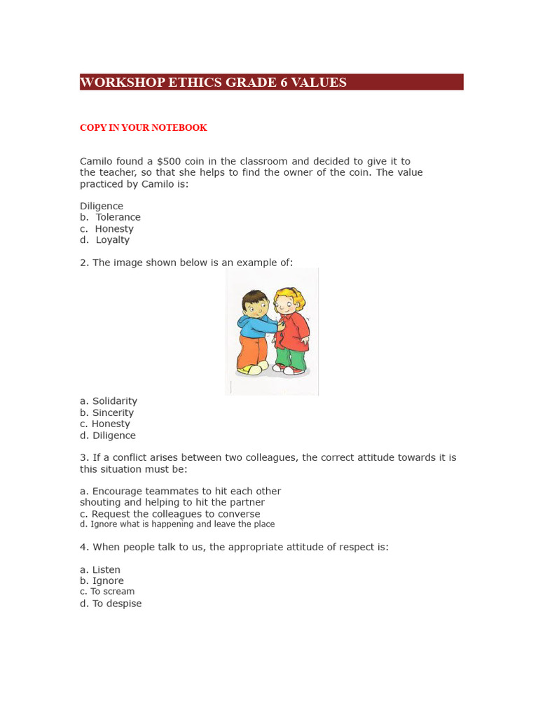 Grade 6 Ethics Workshop on Values | PDF