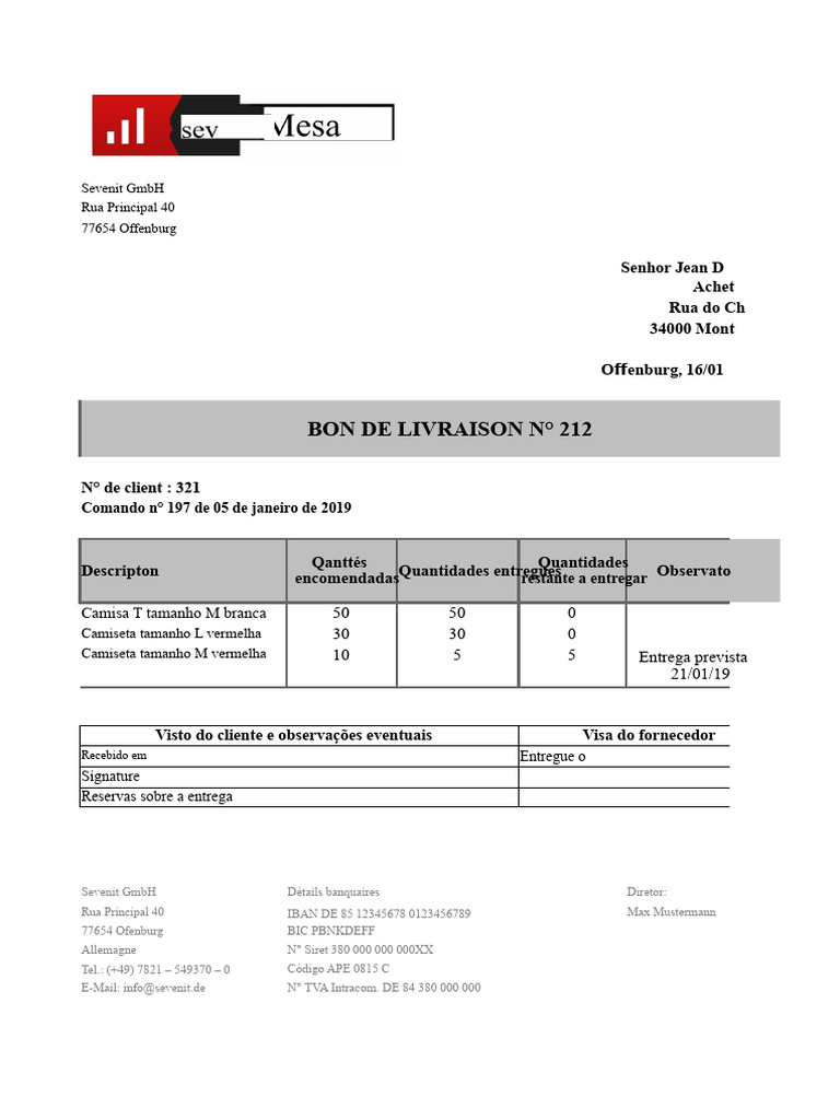 Bon de Livraison Sevenit GmbH 2019 | PDF