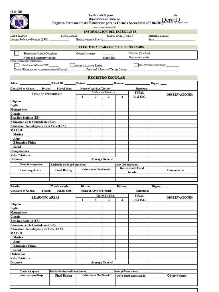 Formulario Escolar 10 SF10 Registro Académico Permanente Del Estudiante ...