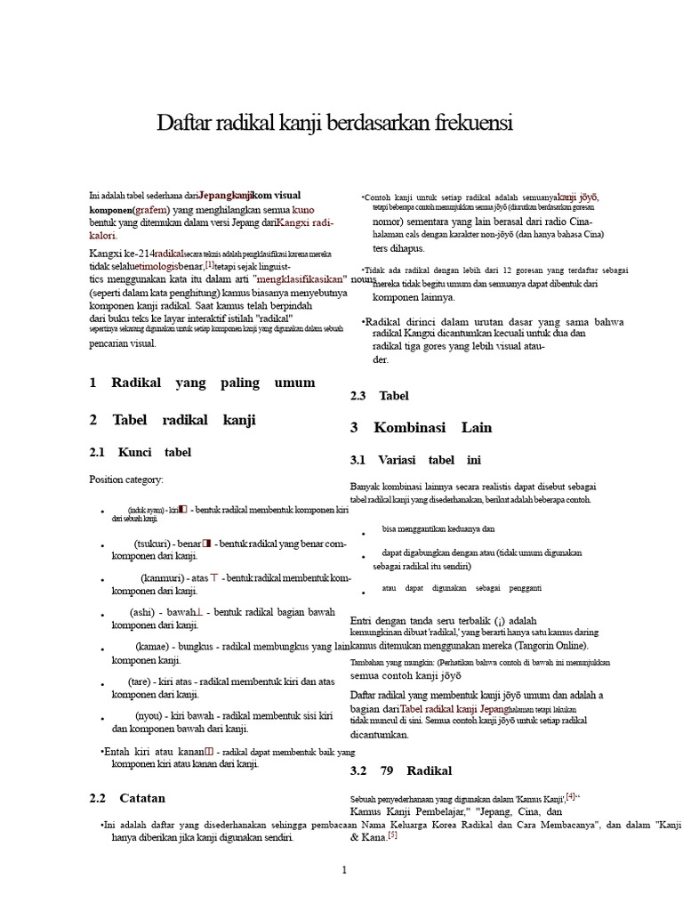 Daftar Radikal Kanji Berdasarkan Frekuensi | PDF