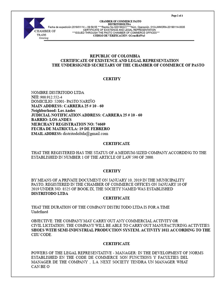 Certificate of Existence and Legal Representation | PDF | Signature ...