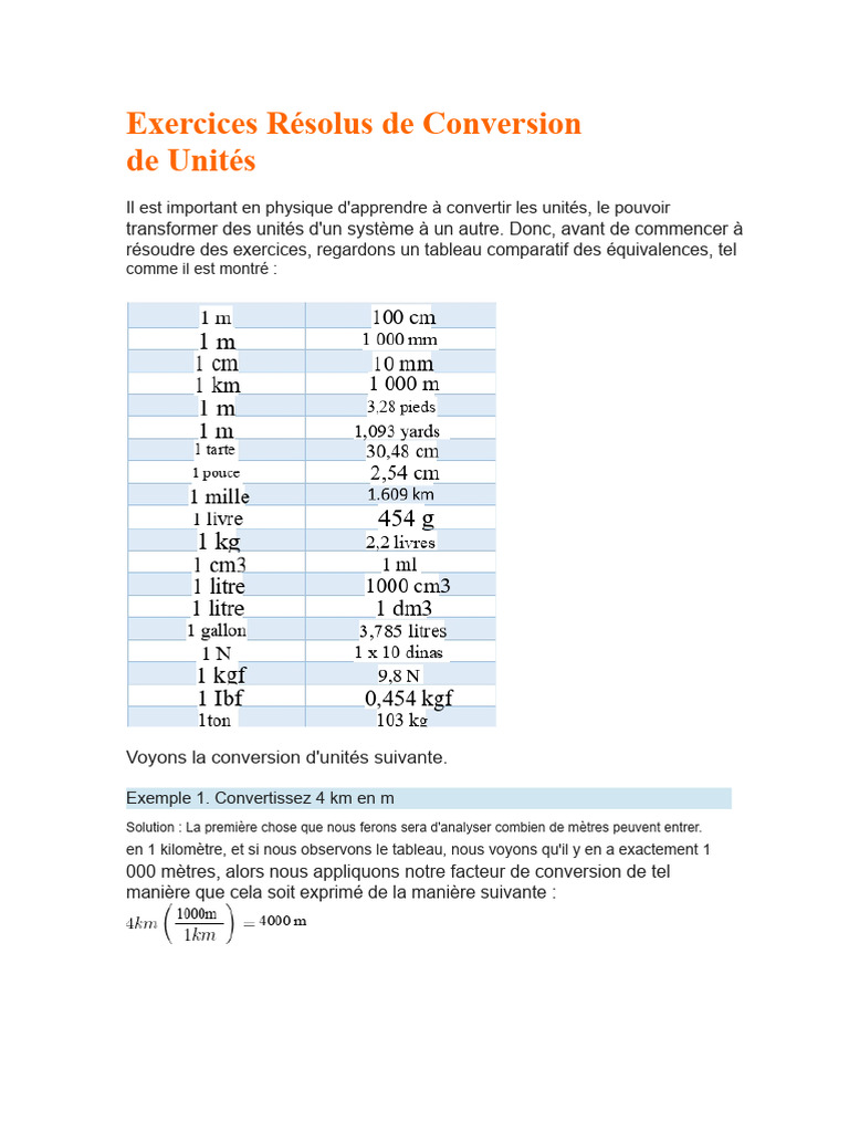 Exercices de Conversion d'Unités Résolus | PDF
