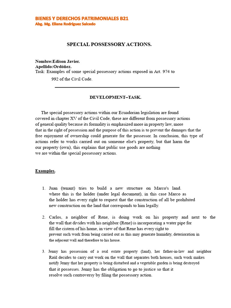 Special Possessory Actions - Art. 974-992 - Ecuadorian Civil Code ...
