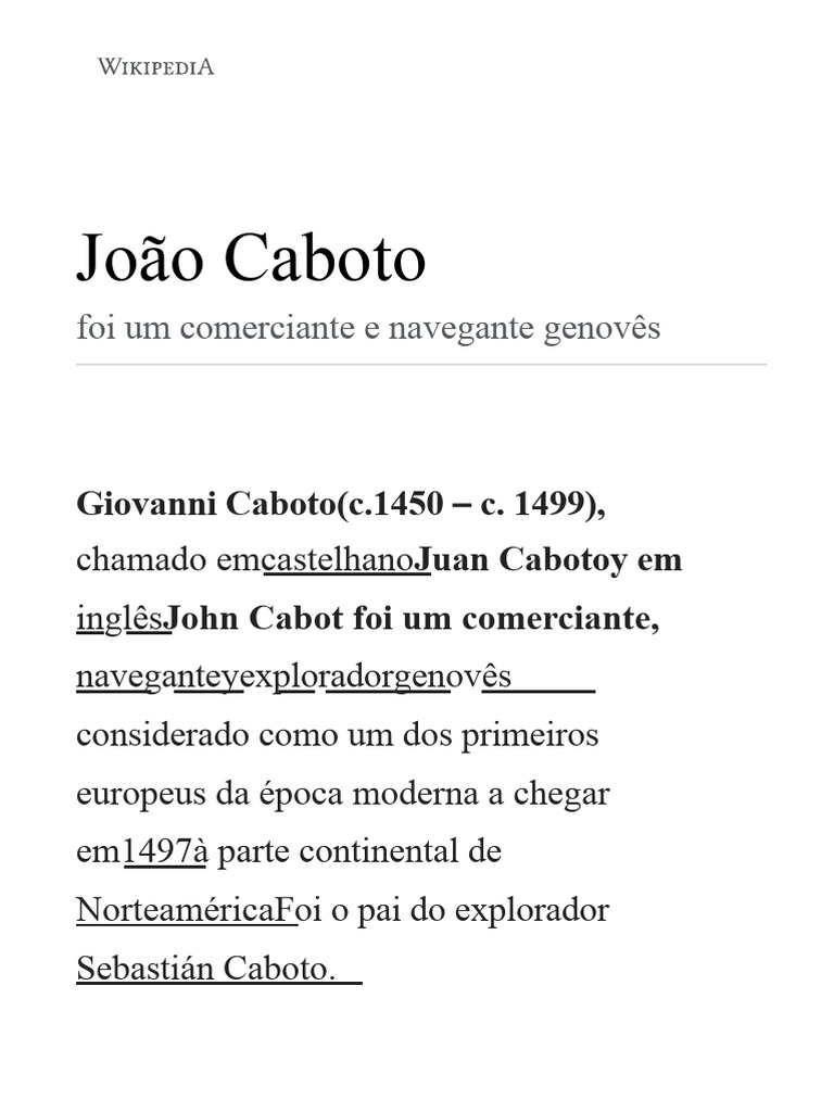 Juan Caboto - Wikipédia, A Enciclopédia Livre PDF | PDF | Era dos ...