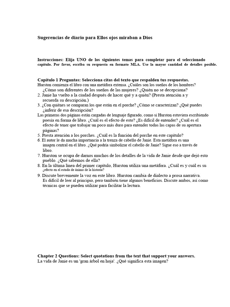 Preguntas de Discusión para "Sus Ojos Miraban A Dios" | PDF