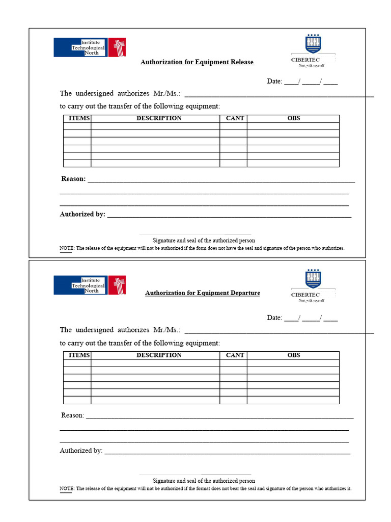 Equipment Release Authorization Form | PDF
