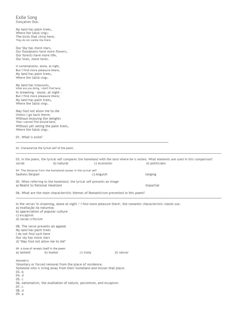Text Interpretation Exercises Solved - Song of Exile, Gonçalves Dias ...