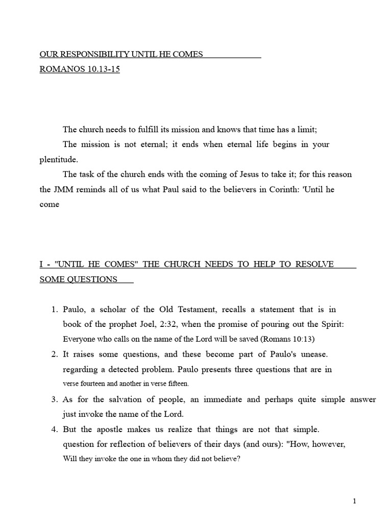 Romans 10:13-15 - Our Responsibility Until He Comes | PDF | Epistle To ...