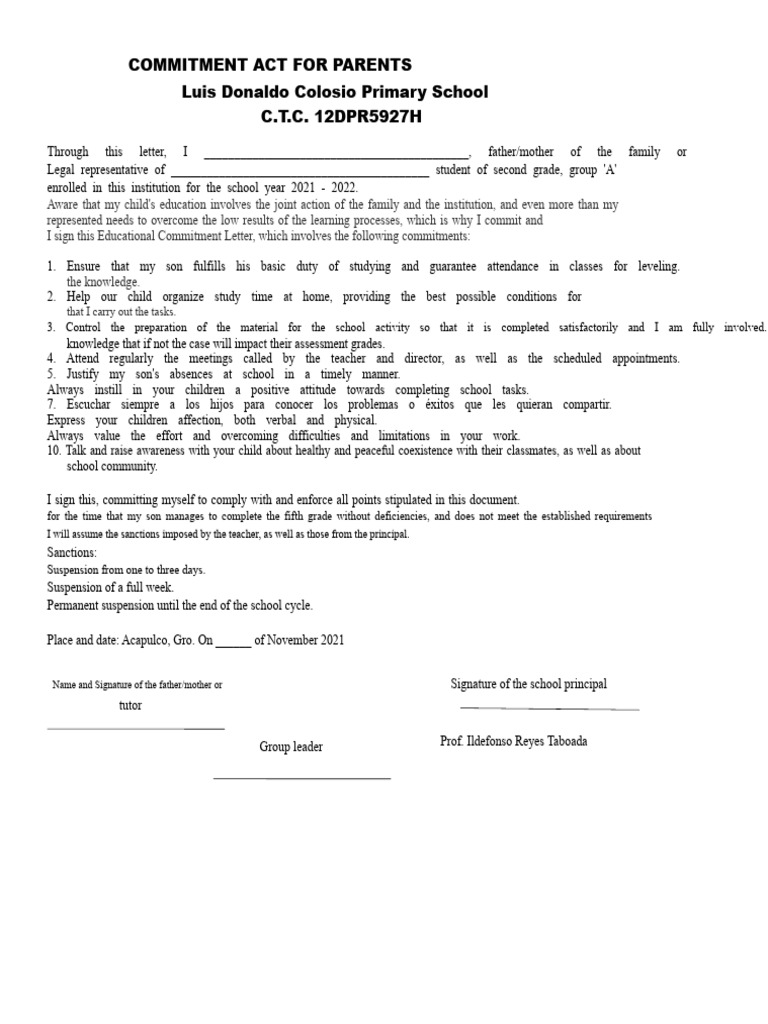 Educational Commitment Letter for Parents | PDF | Learning