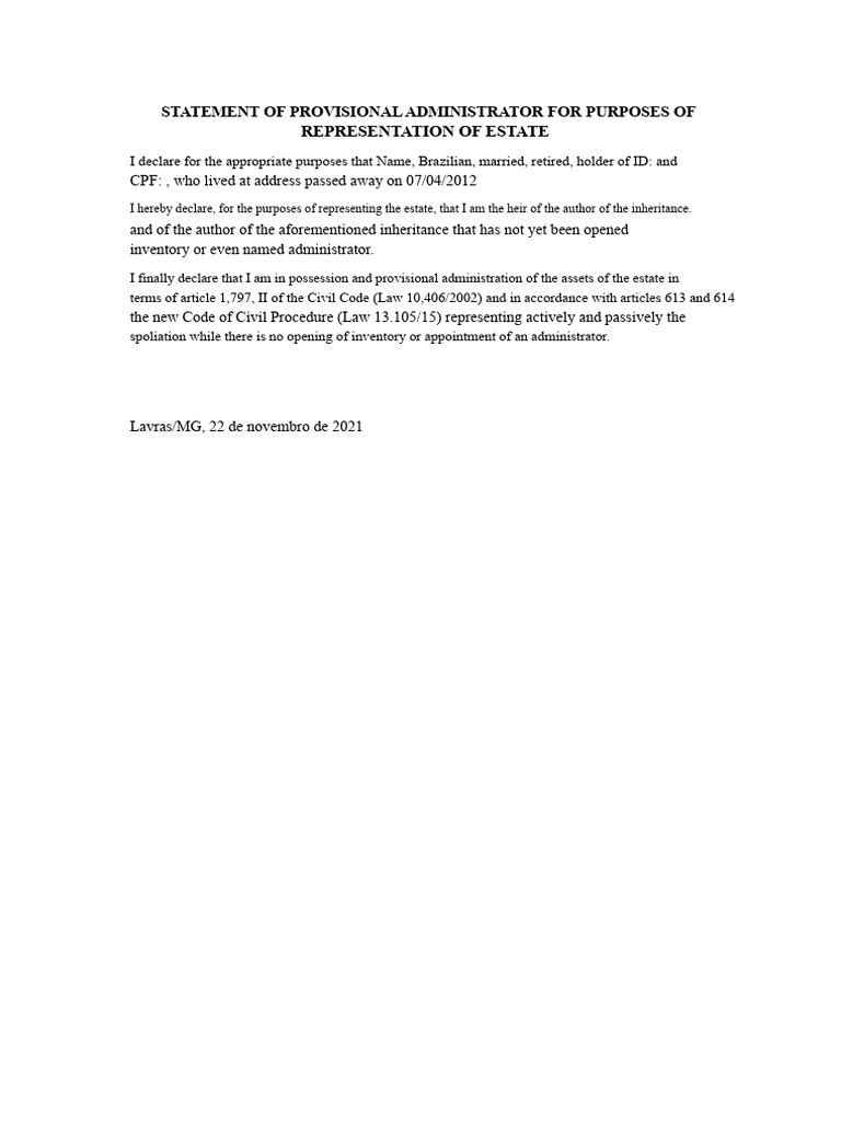 Declaration of Temporary Administrator for the Purpose of Representing ...