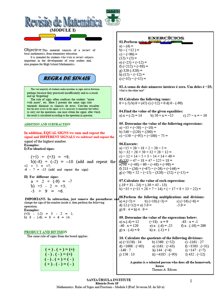 Sign Rules - Fractions REVIEW - Mathematics 9th Grade - Teacher | PDF ...